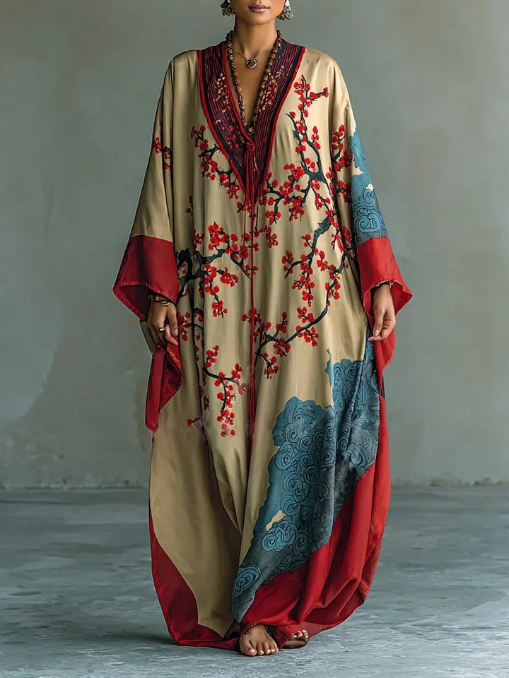 Maxi Dress with Batwing Sleeves and Japanese Red Plum Blossom Print ...